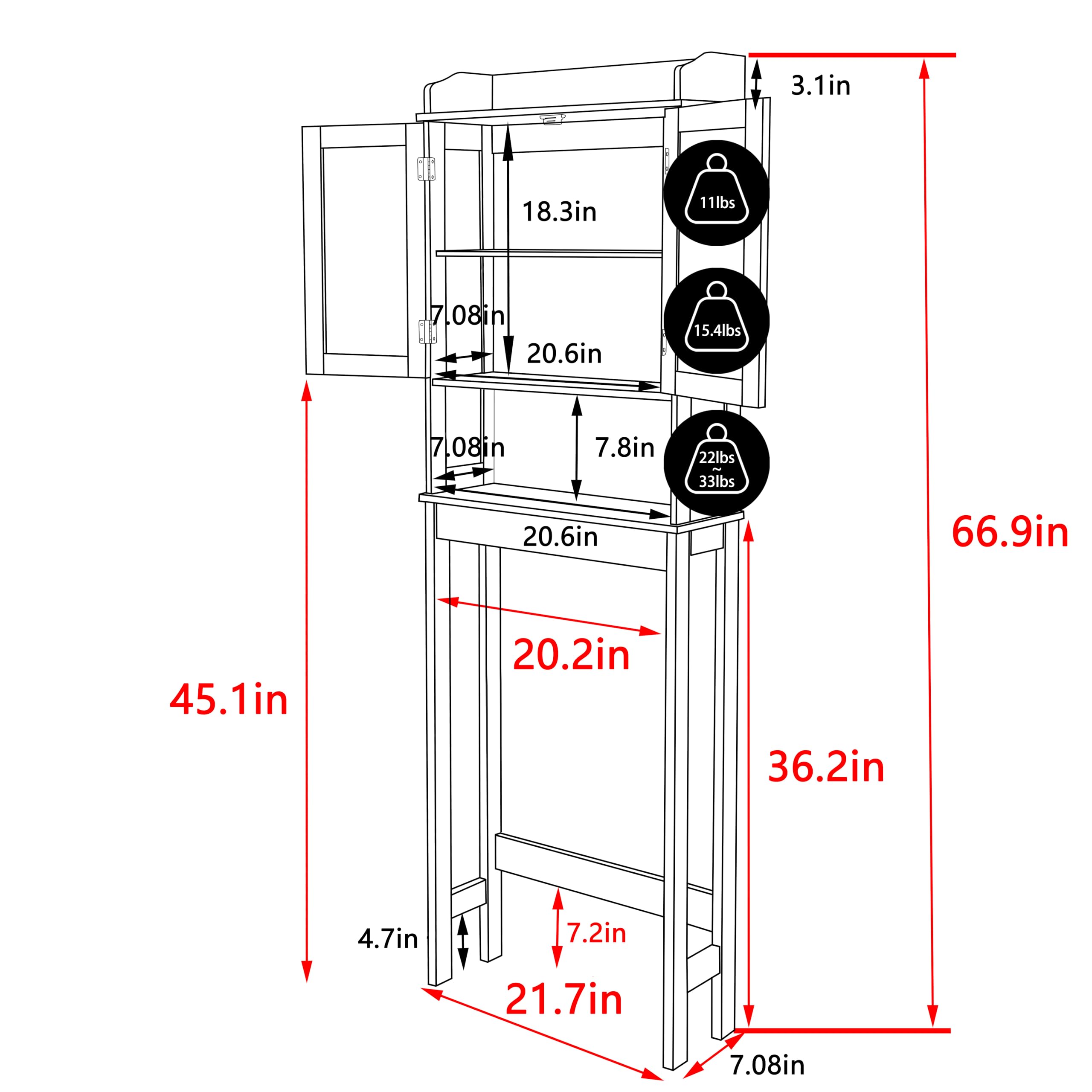 VEIKOU Over-The-Toilet Storage, Bathroom Cabinet Over Toilet, Freestanding Over The Toilet Storage Cabinet w/Adjustable Shelf & Storage Rack, White