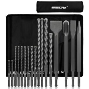 sds-plus rotary hammer drill bit set - 17 piece heavy duty corded electric air concrete masonry chipping impact removal extension rock core ground floor hole thinset brick chisel tool storage pouch