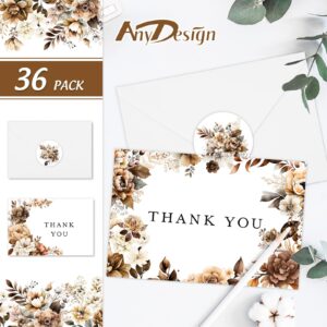 AnyDesign 36 Pack Fall Thank You Cards Bulk Vintage Brown Floral Greeting Cards with Envelopes Stickers Retro Flower Leaves Blank Note Cards for Fall Wedding Baby Shower Birthday, 6 Design