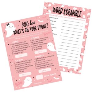 distinctivs pink a little boo is almost due girl baby shower games - what's on your phone and word scramble (2 game bundle) - 20 dual sided cards, halloween baby shower