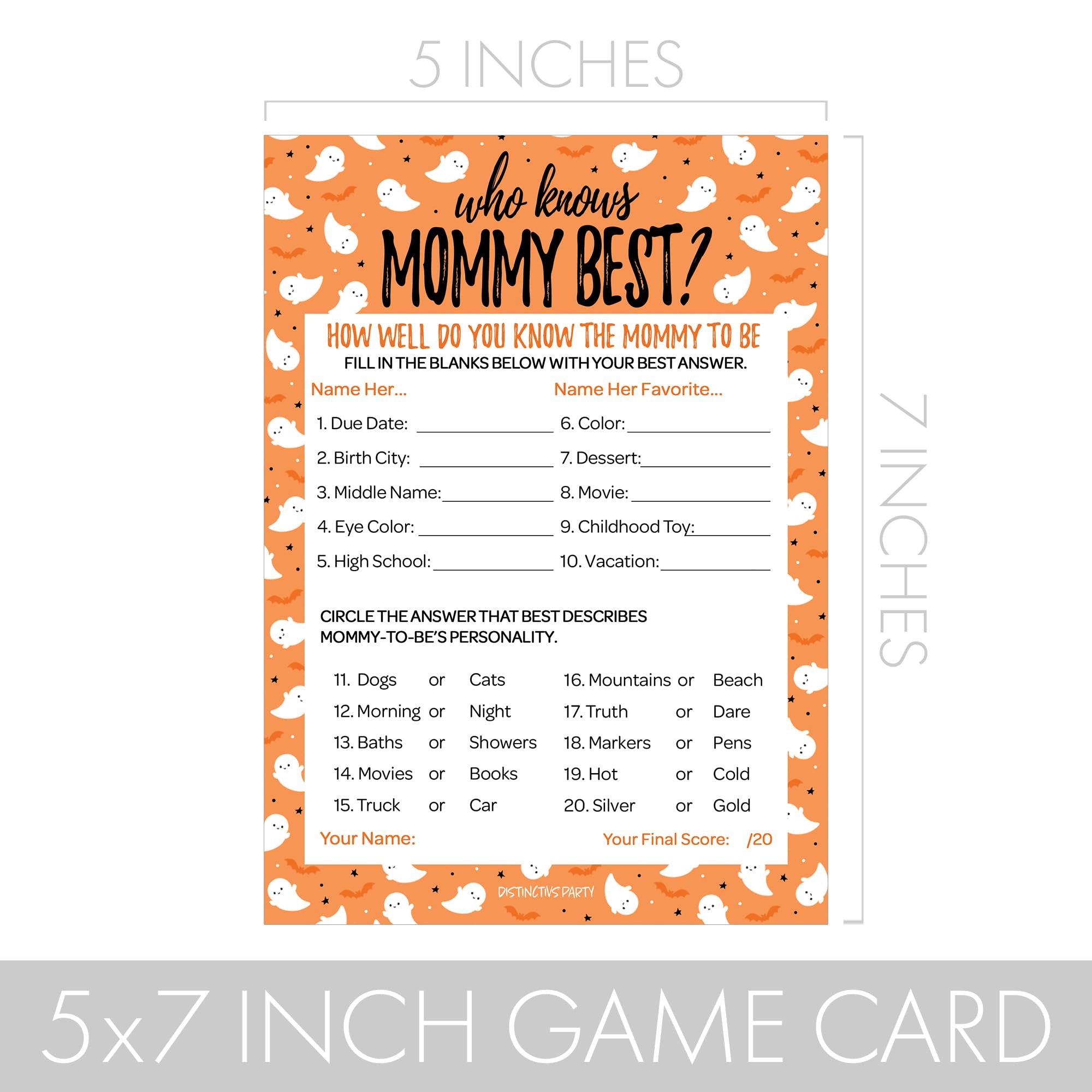 Orange Little Boo is Almost Due Halloween Baby Shower Party Games - Who Knows Mommy Best and Word Search (2 Activity Game Bundle) - Set of 20 Player Cards