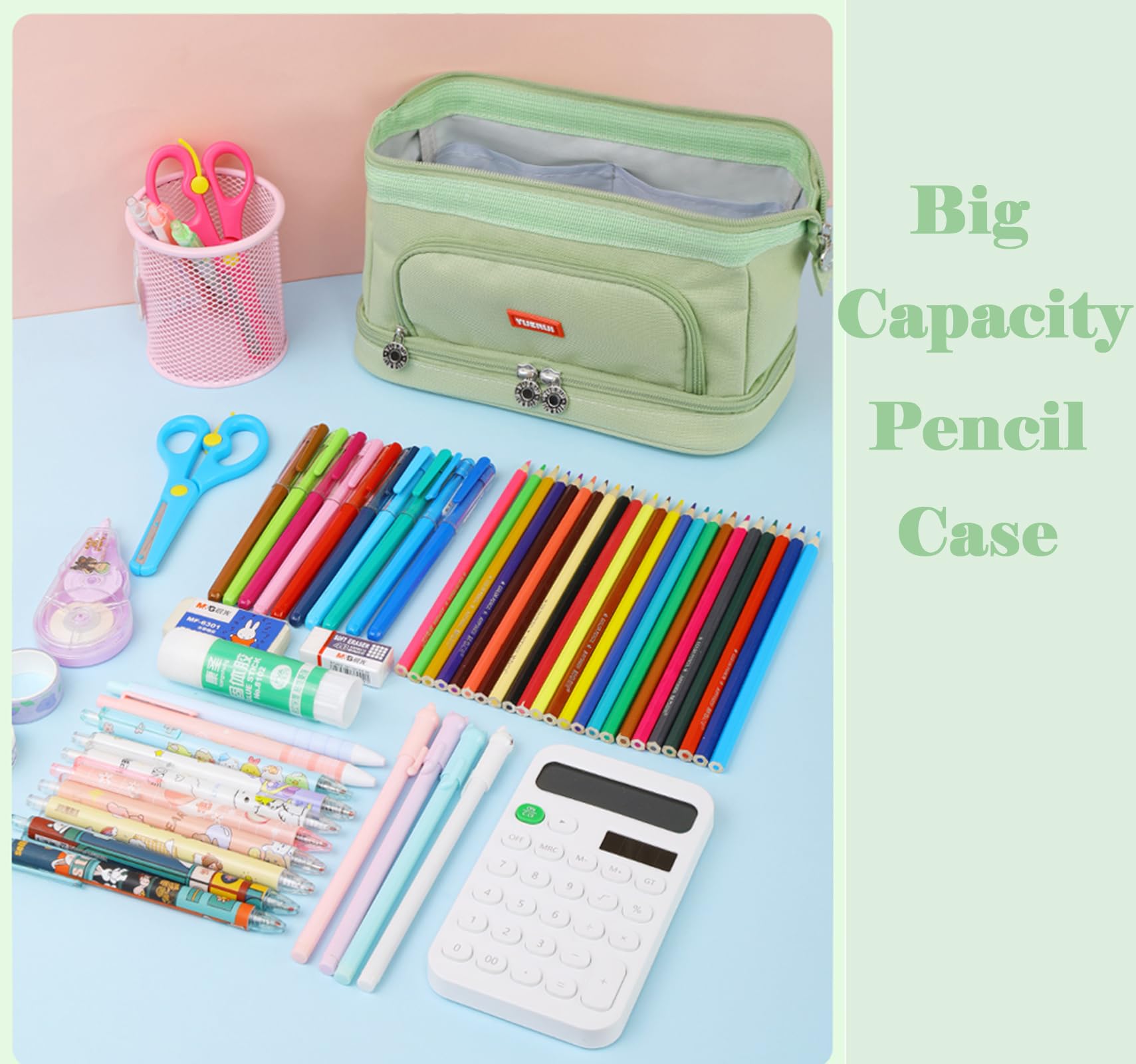 JECCYE Big Capacity Pencil Case, Double Layer Large Pencil Pouch Pen Box Bag - Back to School Supplies for Teen Girls Boys, Aesthetic Cute Pencil Cases Holder Organizer for Student Kids - Green