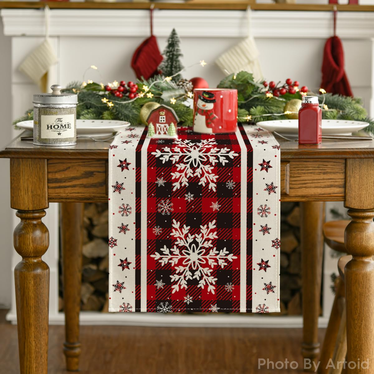 Artoid Mode Buffalo Plaid Snowflakes Christmas Table Runner, Seasonal Winter Kitchen Dining Table Decoration for Home Party Decor 13x72 Inch