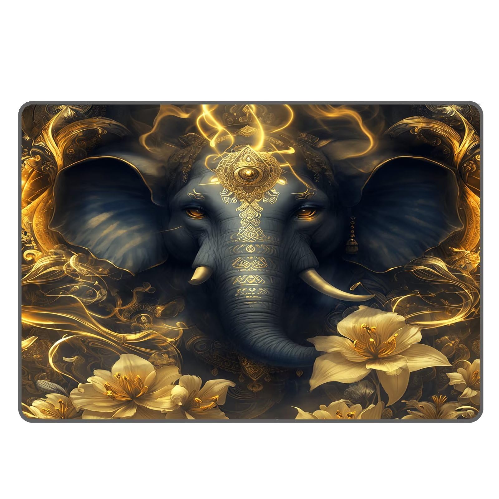 African Elephant Area Rug Opulent Gold Flowers Rugs for Living Room Bedroom Office Non-Slip Washable Indoor Floor Mat Doormat Throw Rugs Carpet 79 in x 39 in