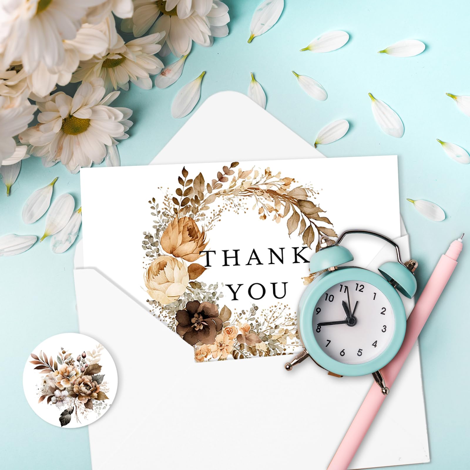 AnyDesign 36 Pack Fall Thank You Cards Bulk Vintage Brown Floral Greeting Cards with Envelopes Stickers Retro Flower Leaves Blank Note Cards for Fall Wedding Baby Shower Birthday, 6 Design