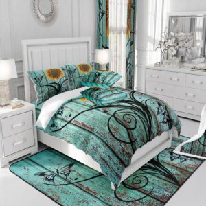 Adults Rustic Farmhouse Floral Duvet Cover Queen Country Butterfly Sunflower Bedding Set For Women Men Retro Grunge Turquoise Barn Door Comforter Cover Spring Nature Flower Botanical Bed Set 3 Pcs