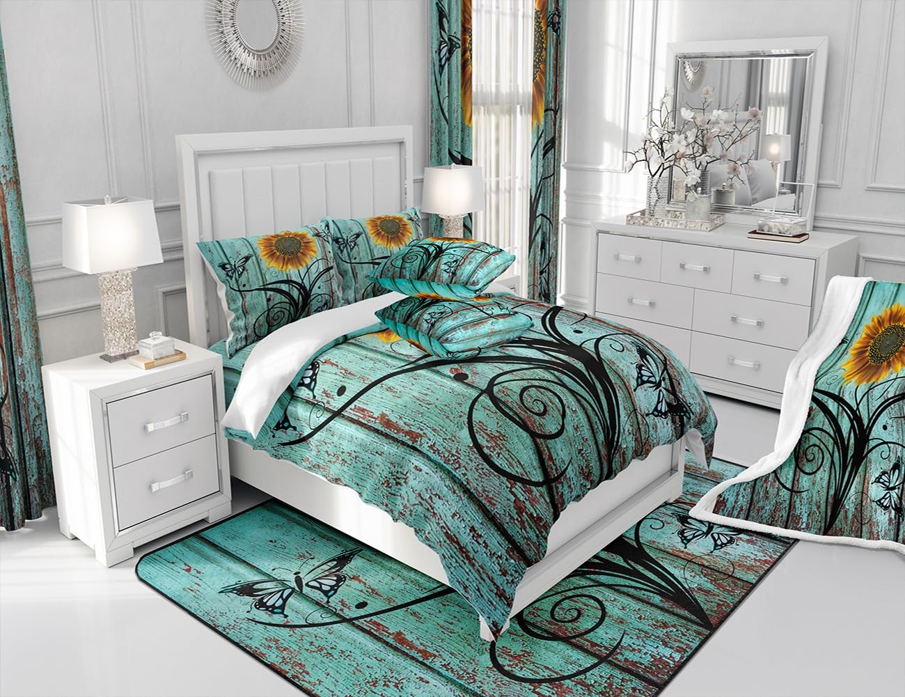 Adults Rustic Farmhouse Floral Duvet Cover Queen Country Butterfly Sunflower Bedding Set For Women Men Retro Grunge Turquoise Barn Door Comforter Cover Spring Nature Flower Botanical Bed Set 3 Pcs