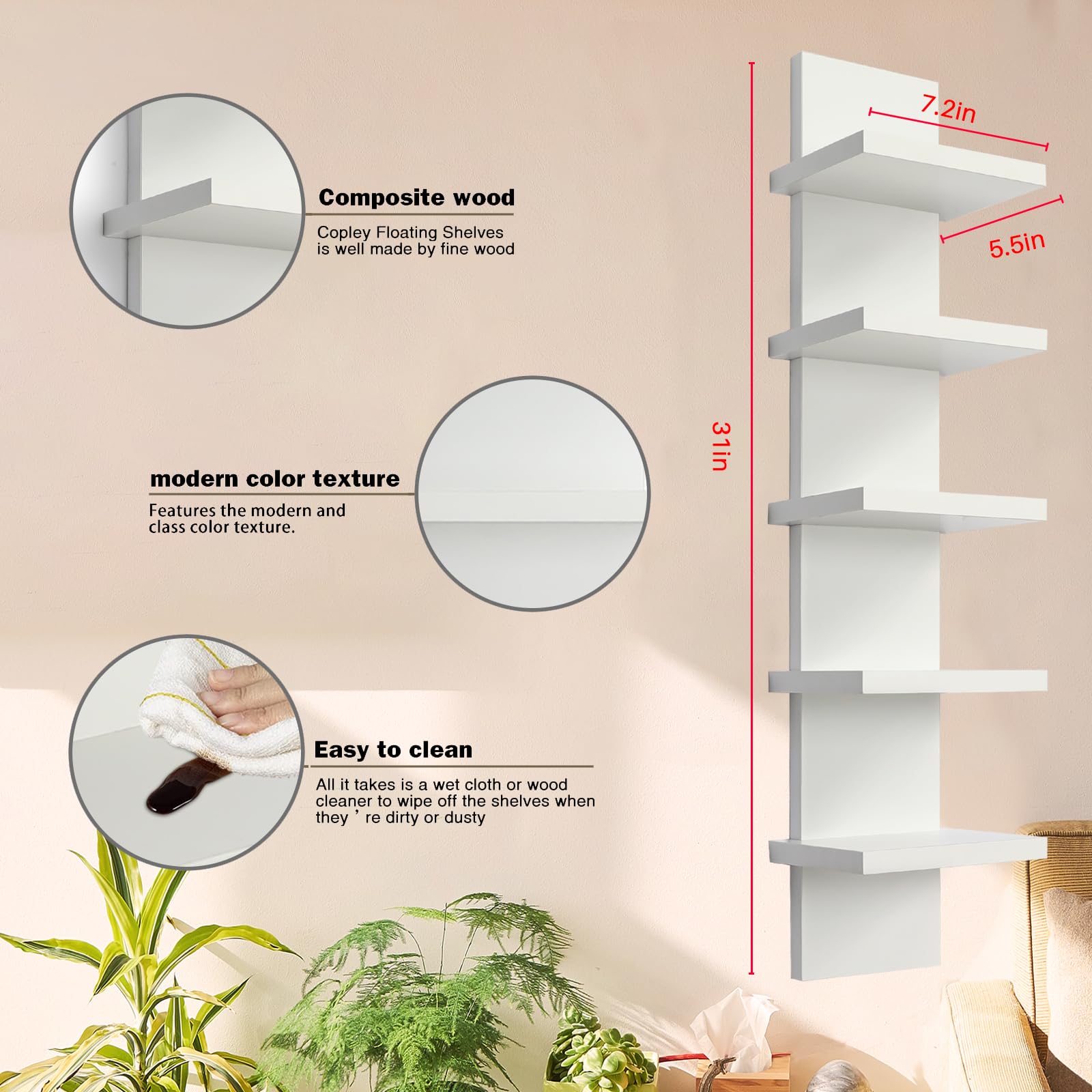 Homaterial 5 Tier Wall Shelves - White Vertical Book Shelf for Wall Storage, Modern Floating Shelves for Bedroom Living Room Vanity