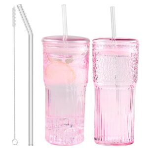 glass coffee cups with lids and straws, 20 oz pink iced water glasses tumblers for ice juice, tea, milk, smoothie and cold or hot drinks, set of 2