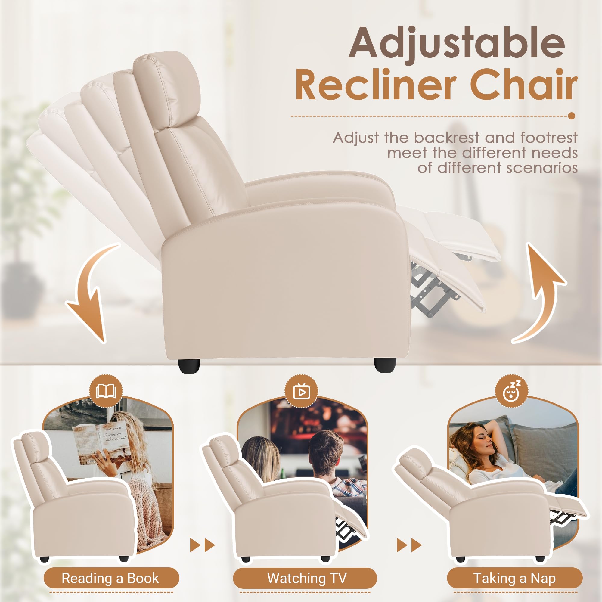 Rankok Recliner Chair Modern PU Leather Reclining Chair Ergonomic Adjustable Recliner for Living Room Home Theater Seating Single Sofa (Beige)