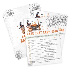 halloween name that baby song game, halloween game for baby shower, baby shower decorations, fall gender reveal party supplies, 30 game cards and 1 answer key - wy08