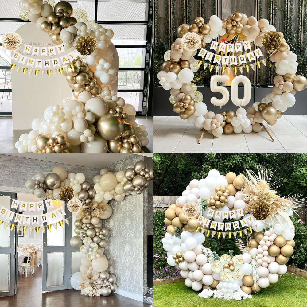 GYESXYW White and Gold Party Decorations, Sandy White Golden Birthday Decorations, Happy Birthday Banner, White Gold Birthday Sash and Confetti Balloons Birthday Decor for Women Girls Men Boys