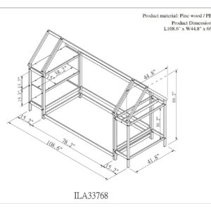 HomSof Twin House-Shaped Floor Bed with Bookshelf and HallTrees,White,108.6”x44.8”x66.2”