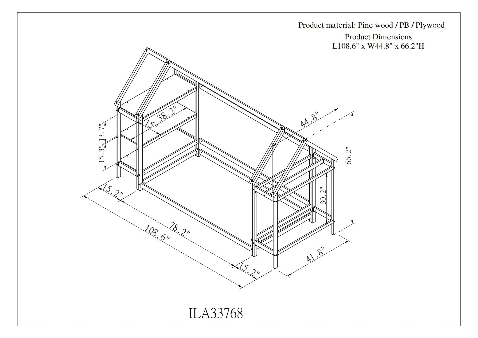 HomSof Twin House-Shaped Floor Bed with Bookshelf and HallTrees,White,108.6”x44.8”x66.2”