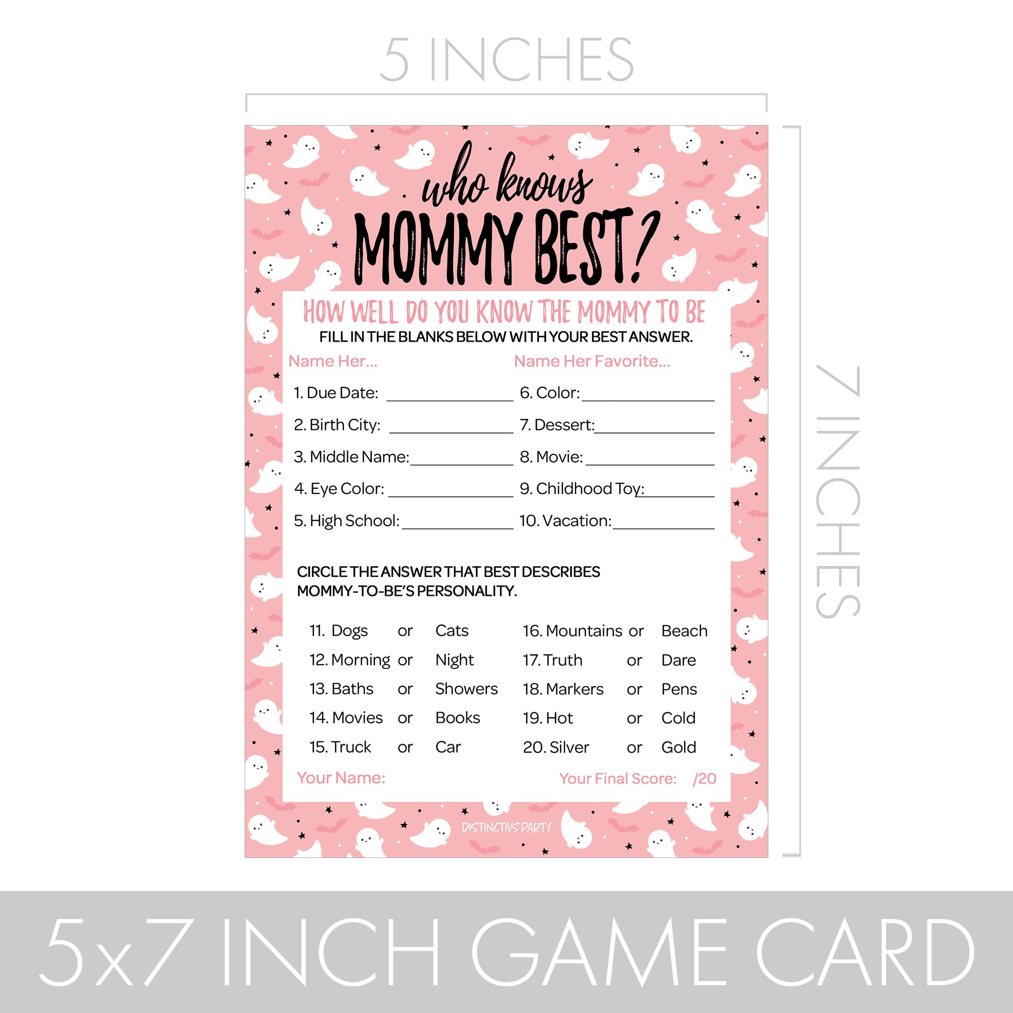 DISTINCTIVS Pink A Little Boo is Almost Due Girl Baby Shower Games - Who Knows Mommy Best and Word Search (2 Activity Game Bundle) - Set of 20 Player Cards, Halloween Baby Shower