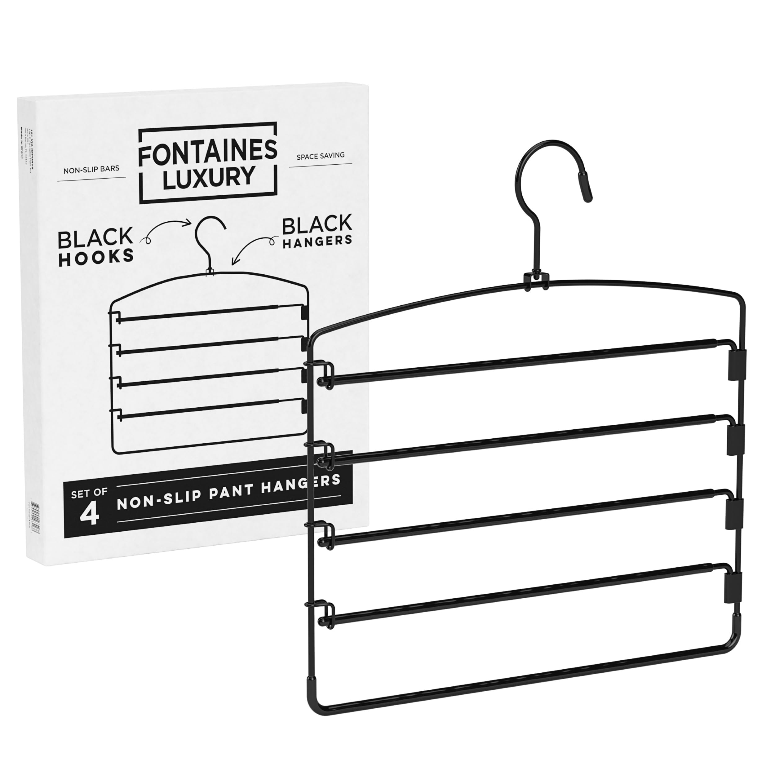 Fontaines Luxury 5 Tier Pants Hangers 4 Pack - Ultra Slim & Space Saving - Heavy Duty Metal Swivel Hook with Swing Arm for Clothing, Jeans, Slacks, Skirts, Leggings & Dress Pant Closet Organization