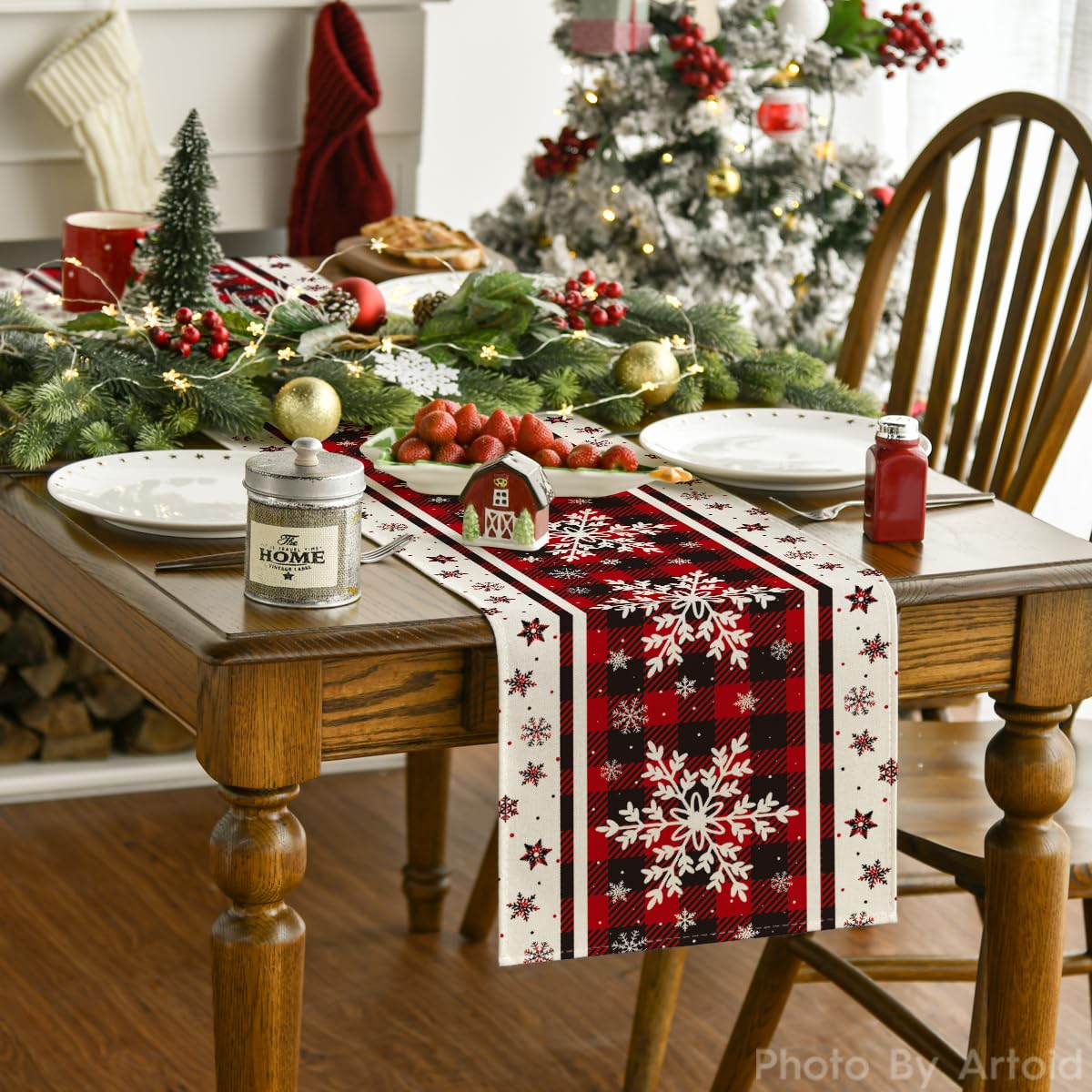 Artoid Mode Buffalo Plaid Snowflakes Christmas Table Runner, Seasonal Winter Kitchen Dining Table Decoration for Home Party Decor 13x72 Inch