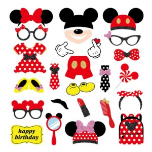 25PCS Mini Photo Booth Props with Stick, Cartoon Mouse Themed Party Selfie Props, Mouse Birthday Party Supplies, Mini Mouse Backdrop Decorations for Boy Girl Kids First 1st Bday Baby Shower