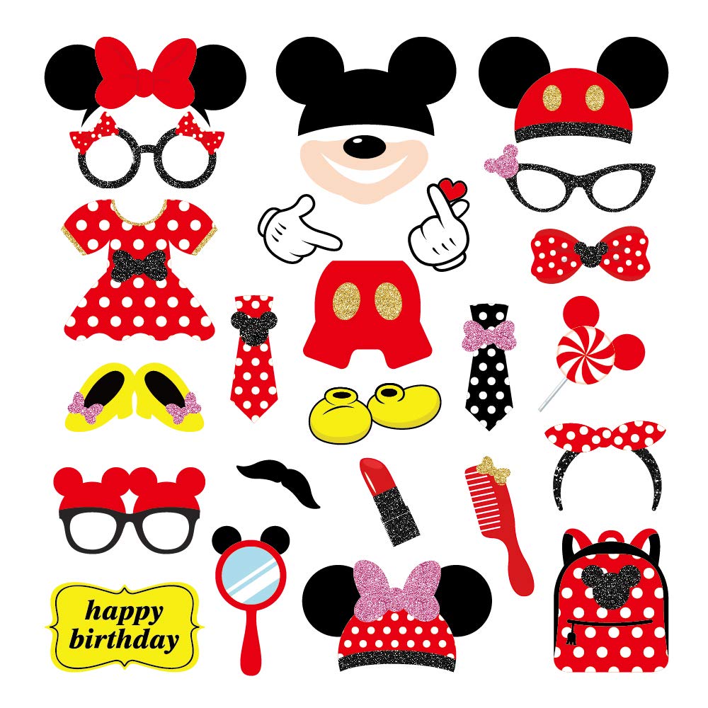 25PCS Mini Photo Booth Props with Stick, Cartoon Mouse Themed Party Selfie Props, Mouse Birthday Party Supplies, Mini Mouse Backdrop Decorations for Boy Girl Kids First 1st Bday Baby Shower