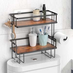 flolxnb 2 tier bathroom storage shelf, wooden toilet shelf organizer, over the toilet storage shelf,toilet storage rack with paper holder and hooks, no drilling wall mounted storage rack, black