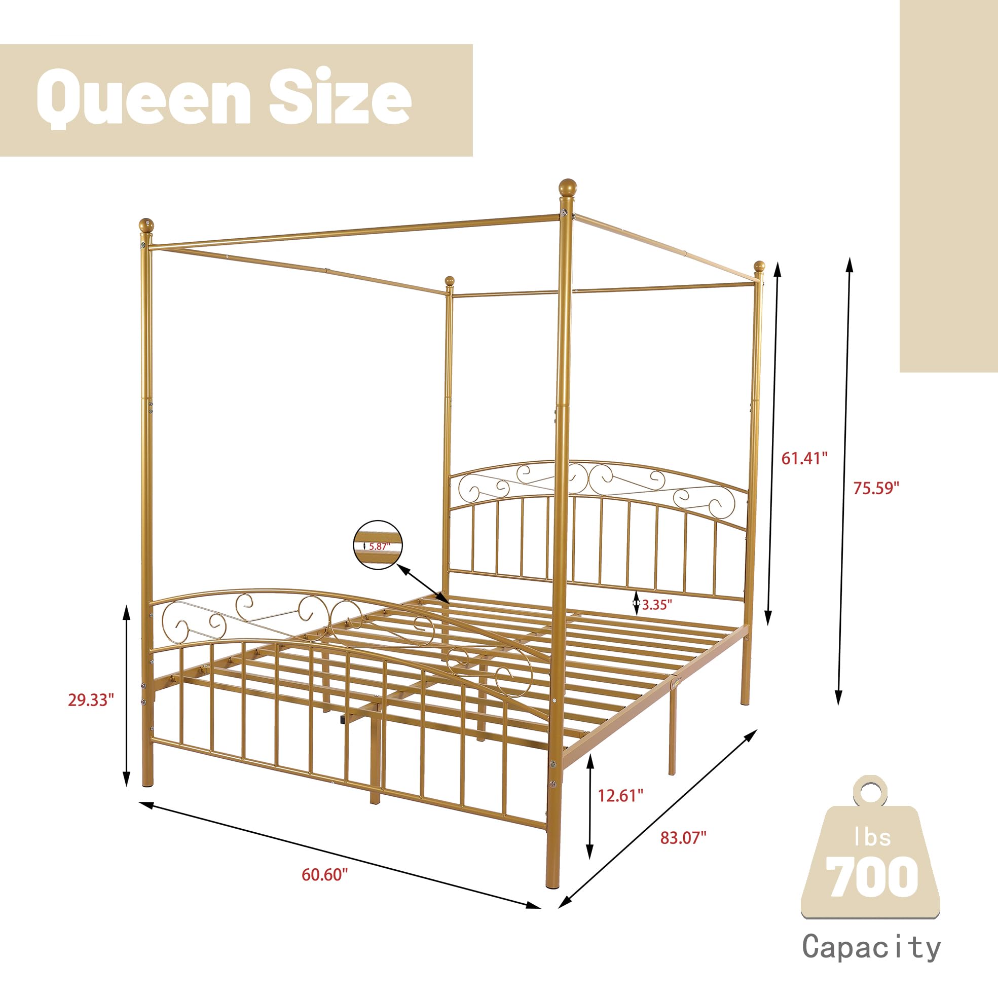 AUFANK Queen Size Canopy Bed Frame Four-Poster Metal Platform Bed with Headboard and Footboard Sturdy Heavy Duty Steel Slat Support No Box Spring Needed Gold