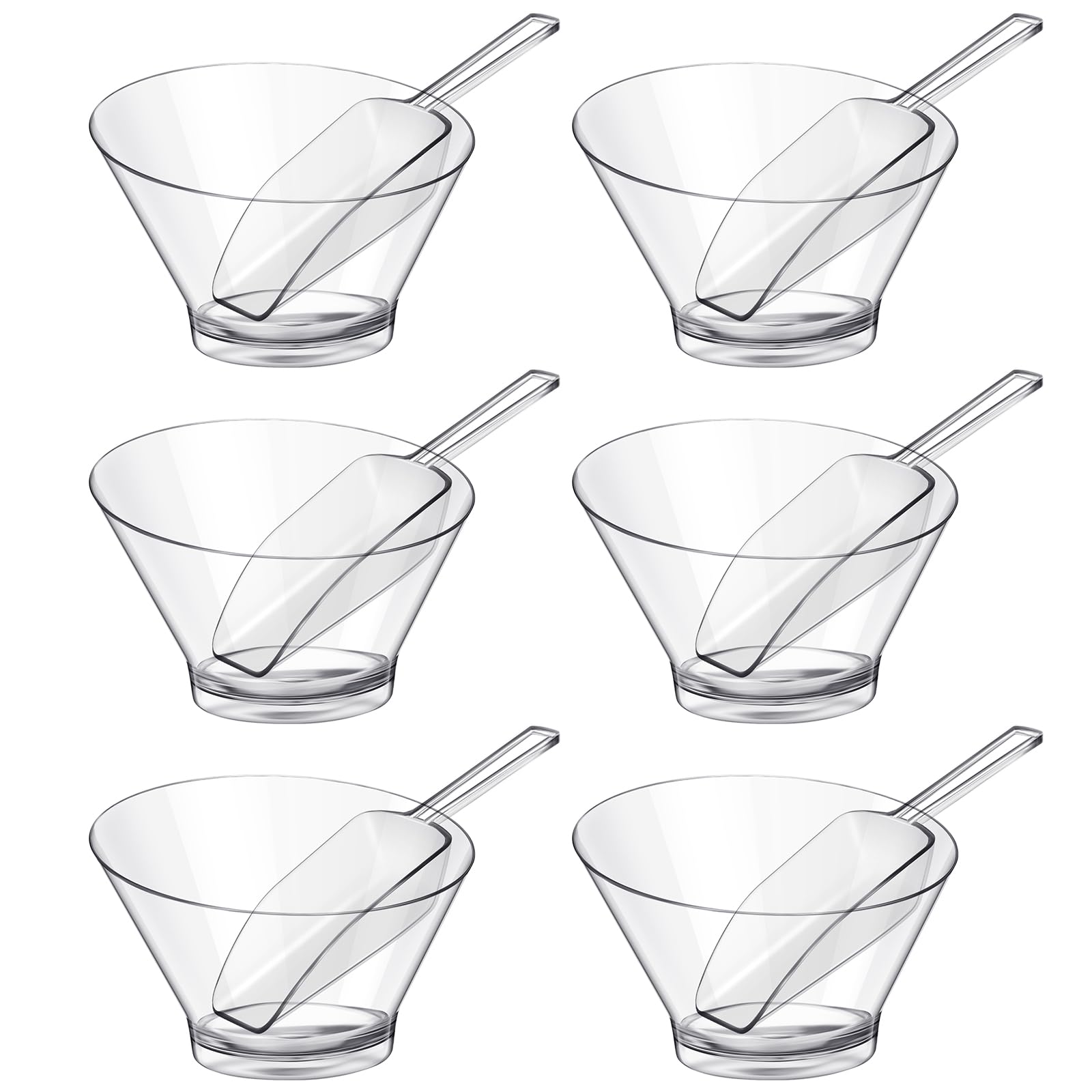 Sawysine 12 Pcs Plastic Clear Serving Bowls with Kitchen Plastic Scoops Salad Serving Bowls Popcorn Scoops Angled Candy Bowl for Salad Cooking Parties, 210 ml