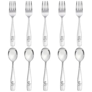 plaskidy kids silverware stainless steel set of 10 toddler utensils forks and spoons - dishwasher safe kids flatware set children's safe cutlery set