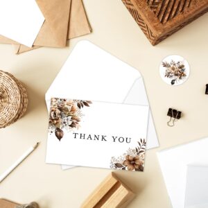 AnyDesign 36 Pack Fall Thank You Cards Bulk Vintage Brown Floral Greeting Cards with Envelopes Stickers Retro Flower Leaves Blank Note Cards for Fall Wedding Baby Shower Birthday, 6 Design