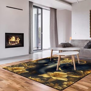 African Elephant Area Rug Opulent Gold Flowers Rugs for Living Room Bedroom Office Non-Slip Washable Indoor Floor Mat Doormat Throw Rugs Carpet 79 in x 39 in