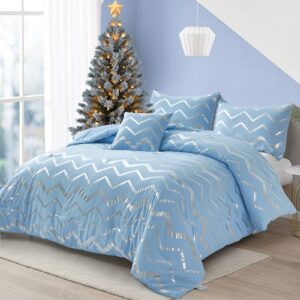 menghomeus blue/silver comforter set queen/full size metallic print glitter bed comforter cute shinny christmas bedding for teen girls kids women, 4 piece (2 pillowcases, 1 decorative pillow sham)