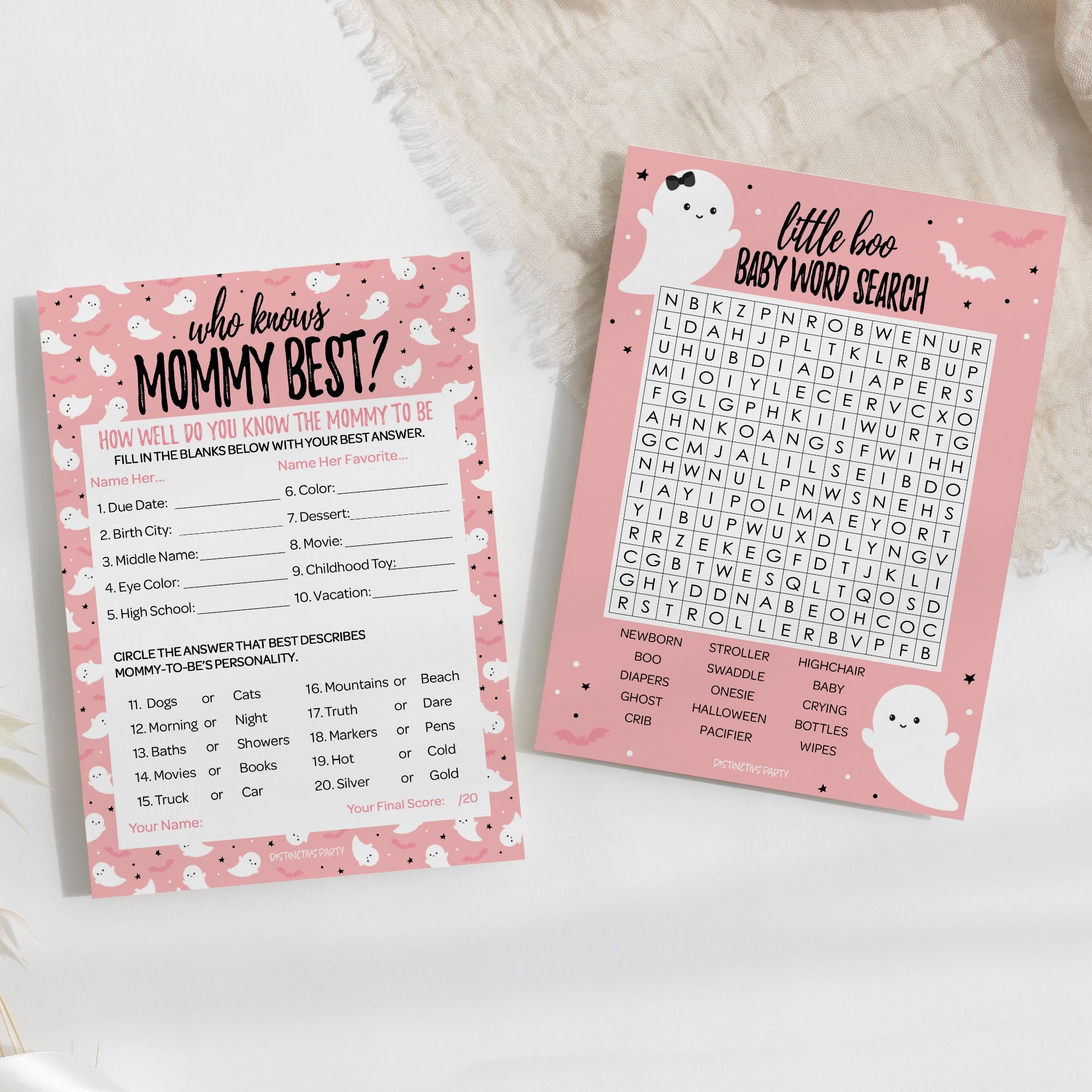 DISTINCTIVS Pink A Little Boo is Almost Due Girl Baby Shower Games - Who Knows Mommy Best and Word Search (2 Activity Game Bundle) - Set of 20 Player Cards, Halloween Baby Shower