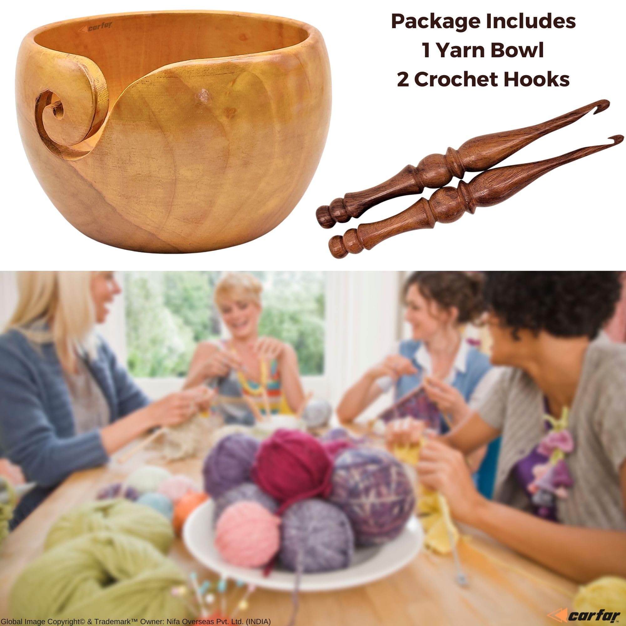 Carfar Knitting Yarn Bowl & Crochet Hooks Set Handmade Natural Wood Yarn Holder Bowl for Crocheting and Knitting