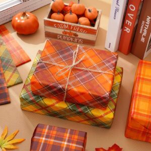 Whaline 100Pcs Fall Plaid Tissue Paper Orange Brown Farmhouse Gift Wrapping Paper Retro Thanksgiving Packaging Paper DIY Art Craft Paper for Autumn Home Birthday Party Gift Decor, 14 x 20 Inch