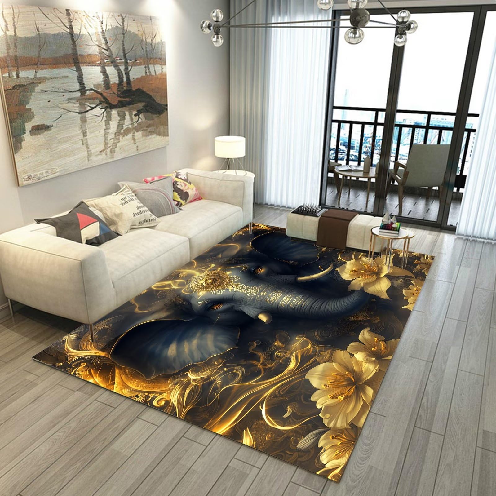 African Elephant Area Rug Opulent Gold Flowers Rugs for Living Room Bedroom Office Non-Slip Washable Indoor Floor Mat Doormat Throw Rugs Carpet 79 in x 39 in