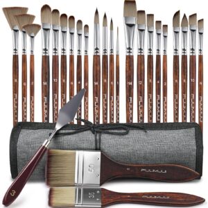 25pcs paint brush set, fuumuui acrylic paint brushes, professional artist series with wide flat, filbert, fan, dagger, cat tongue, round, angle, rigger for oil, acrylic canvas paintings, face painting