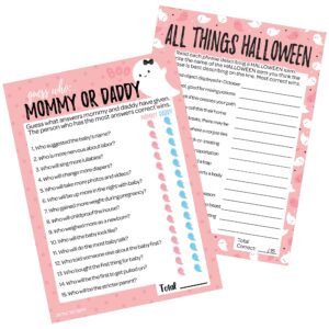 pink a little boo is almost due girl baby shower games, guess who and all things halloween matching game (2 game bundle) - 20 cards, halloween baby shower