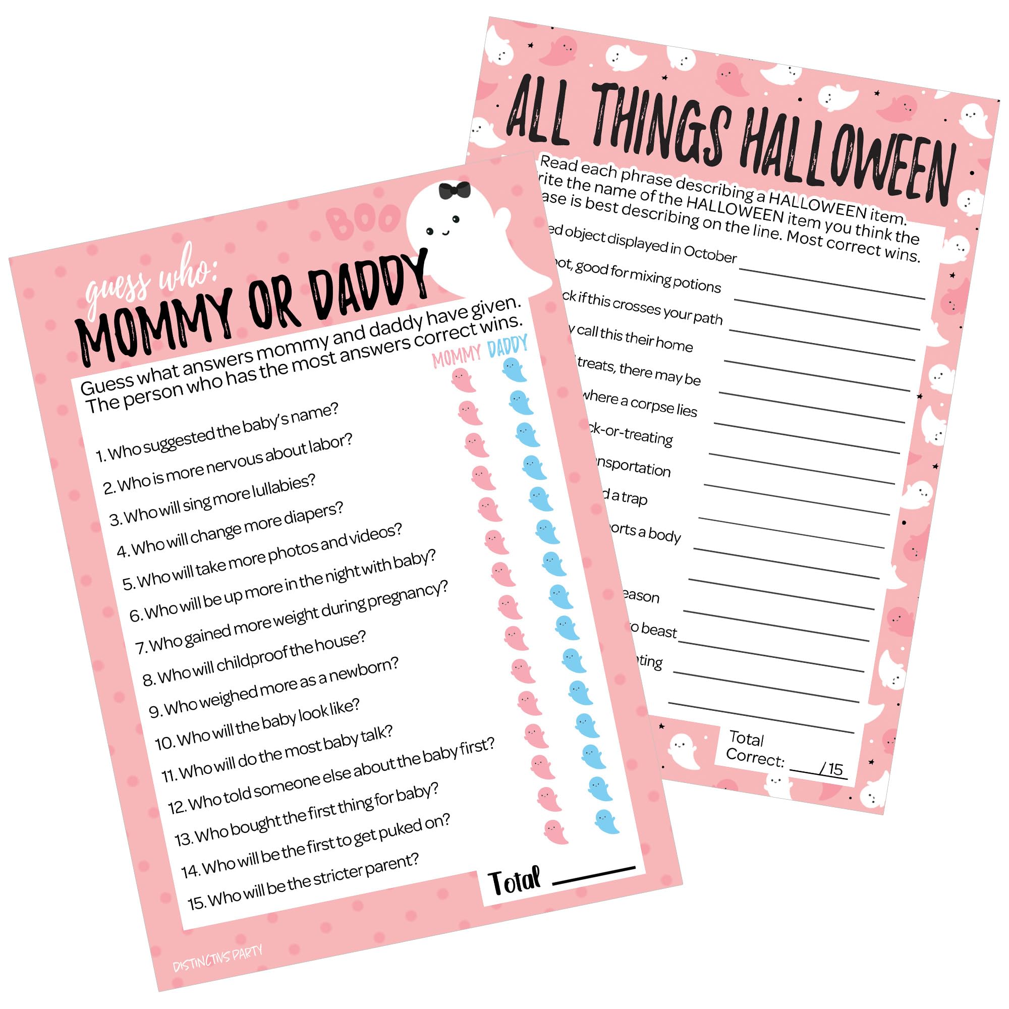 Pink A Little Boo is Almost Due Girl Baby Shower Games, Guess Who and All Things Halloween Matching Game (2 Game Bundle) - 20 Cards, Halloween Baby Shower