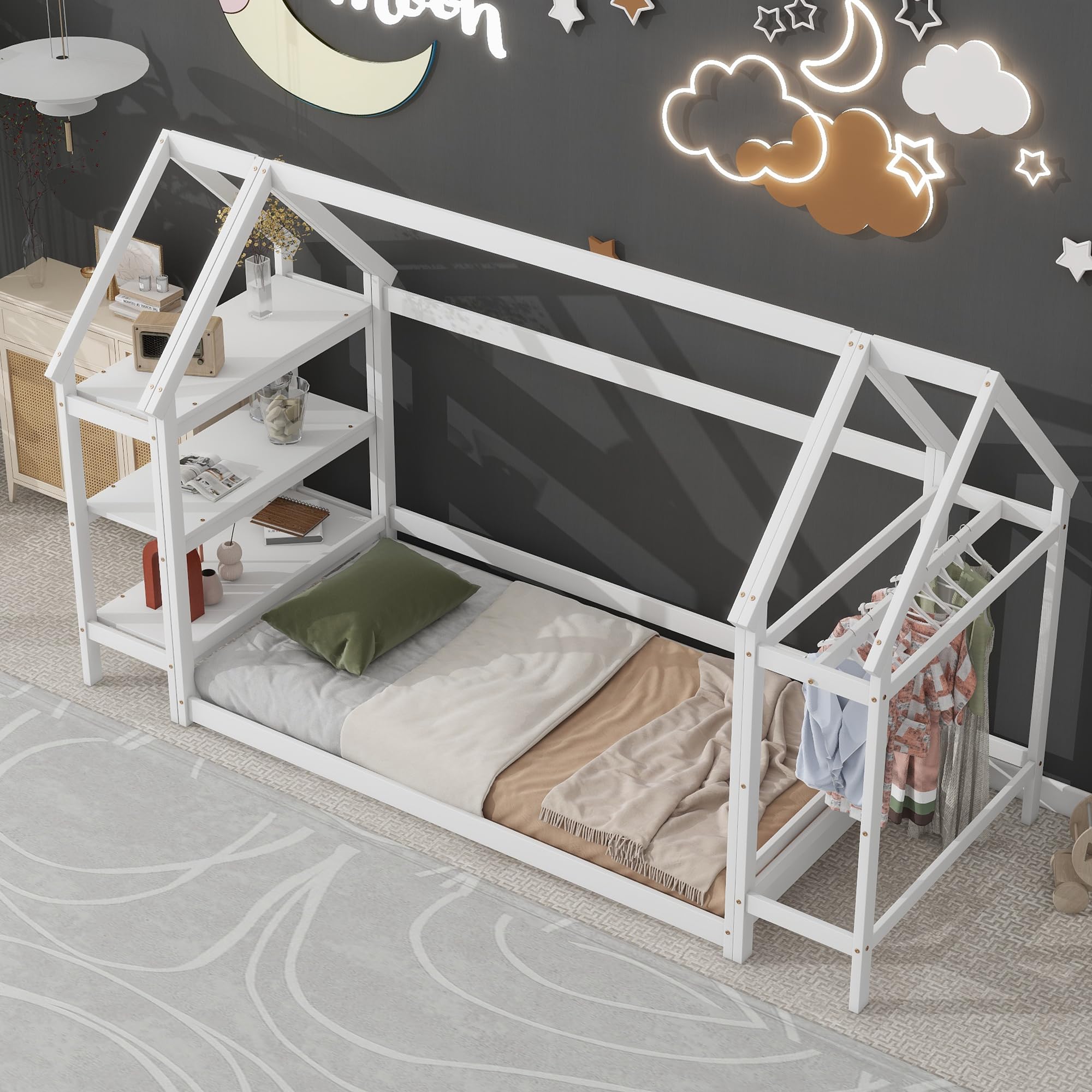 HomSof Twin House-Shaped Floor Bed with Bookshelf and HallTrees,White,108.6”x44.8”x66.2”