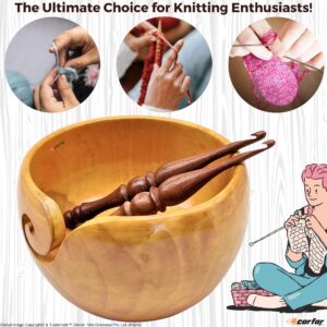 Carfar Knitting Yarn Bowl & Crochet Hooks Set Handmade Natural Wood Yarn Holder Bowl for Crocheting and Knitting