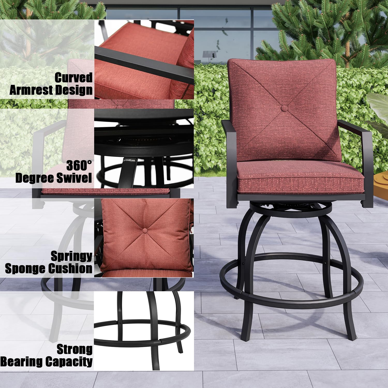 PatioFestival Outdoor Swivel Bar Stools Bar Height Patio Chair Set of 2 with Cushion & All Weather Steel Frame,Red