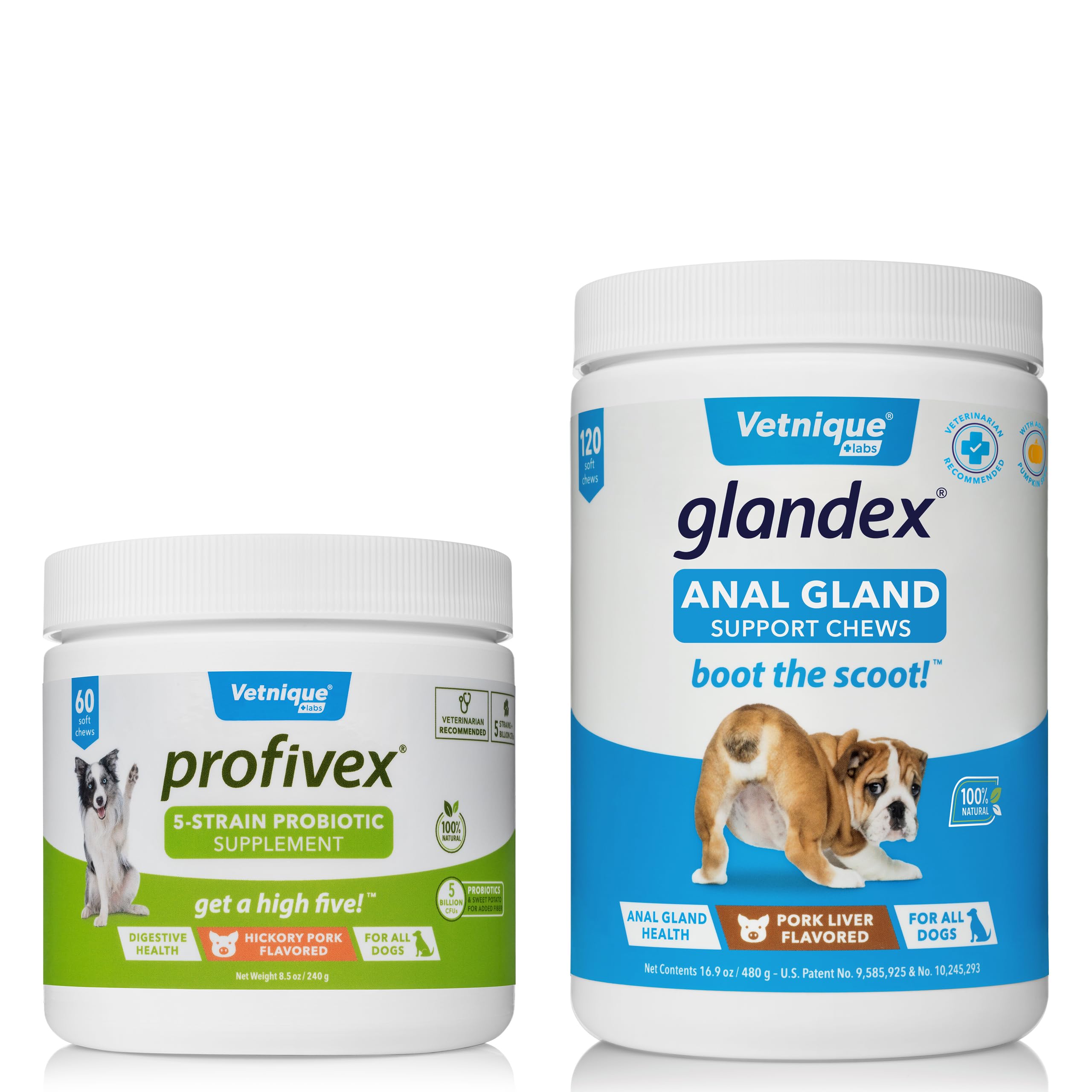 Glandex for Dogs Anal Gland Support Chews 120ct Pork Liver and Profivex 5-Strain Chews 60ct Bundle, Anal Gland Supplement for Dogs, 5-Strain Clinical-Strength Digestive Probiotics for Dogs