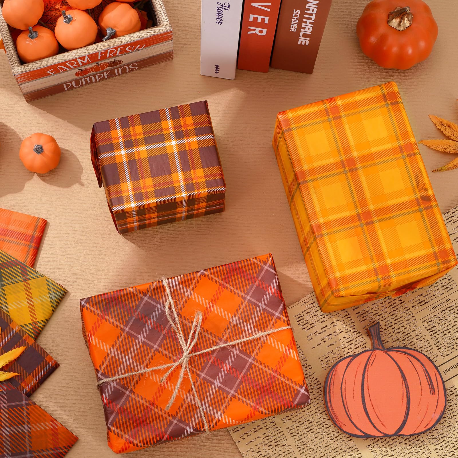 Whaline 100Pcs Fall Plaid Tissue Paper Orange Brown Farmhouse Gift Wrapping Paper Retro Thanksgiving Packaging Paper DIY Art Craft Paper for Autumn Home Birthday Party Gift Decor, 14 x 20 Inch