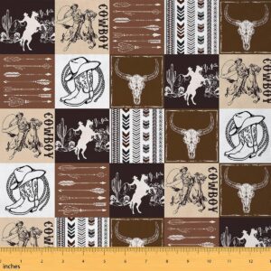 western cowboy fabric by the yard cow skull cowboy boots hat decor fabric for sewing lovers brown grid wild cactus tribal arrow fabric for diy upholstery and home accents 1 yard