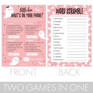 DISTINCTIVS Pink A Little Boo is Almost Due Girl Baby Shower Games - What's On Your Phone and Word Scramble (2 Game Bundle) - 20 Dual Sided Cards, Halloween Baby Shower