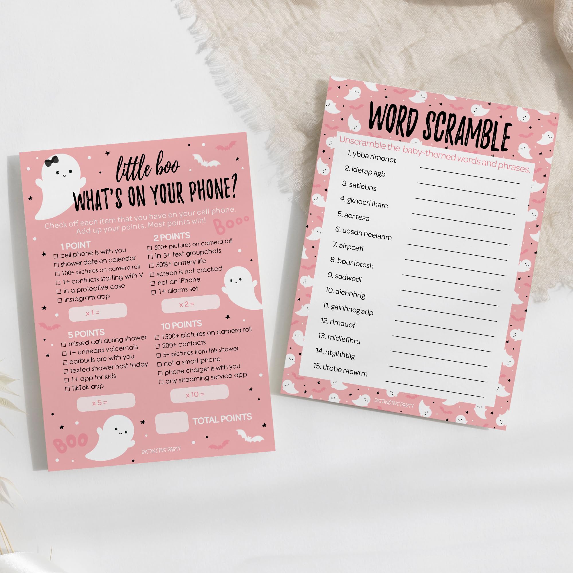 DISTINCTIVS Pink A Little Boo is Almost Due Girl Baby Shower Games - What's On Your Phone and Word Scramble (2 Game Bundle) - 20 Dual Sided Cards, Halloween Baby Shower