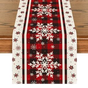 artoid mode buffalo plaid snowflakes christmas table runner, seasonal winter kitchen dining table decoration for home party decor 13x72 inch