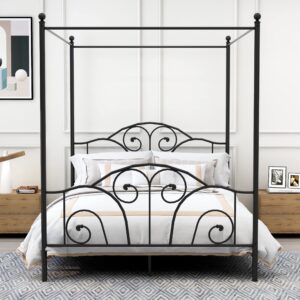 AUFANK Queen Size Four-Poster Metal Canopy Bed Frame with Headboard and Footboard Sturdy Slatted Structure No Box Spring Needed Black