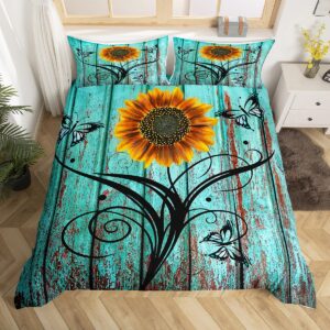 adults rustic farmhouse floral duvet cover queen country butterfly sunflower bedding set for women men retro grunge turquoise barn door comforter cover spring nature flower botanical bed set 3 pcs