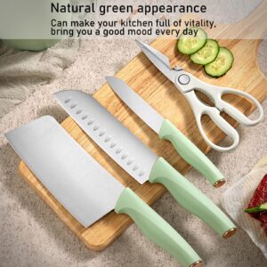 Kitchen Knife Set, 5 Pcs Green Professional Chef Knife Set with Block, Super Sharp Stainless Steel Cooking Knife Set Contains Round Stand, Knives, Scissors for Home Restaurant Apartment