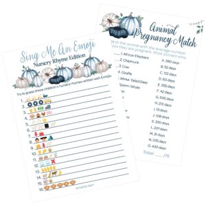 blue little pumpkin baby shower party games - animal pregnancy and emoji picture guessing game (2 game bundle) - 20 dual sided cards, fall baby shower